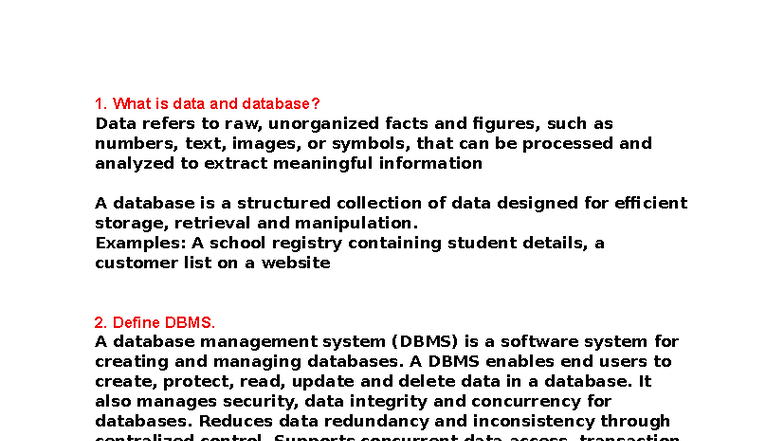 Question Bank-Answers: Data & Database Concepts (CS101) - Studocu