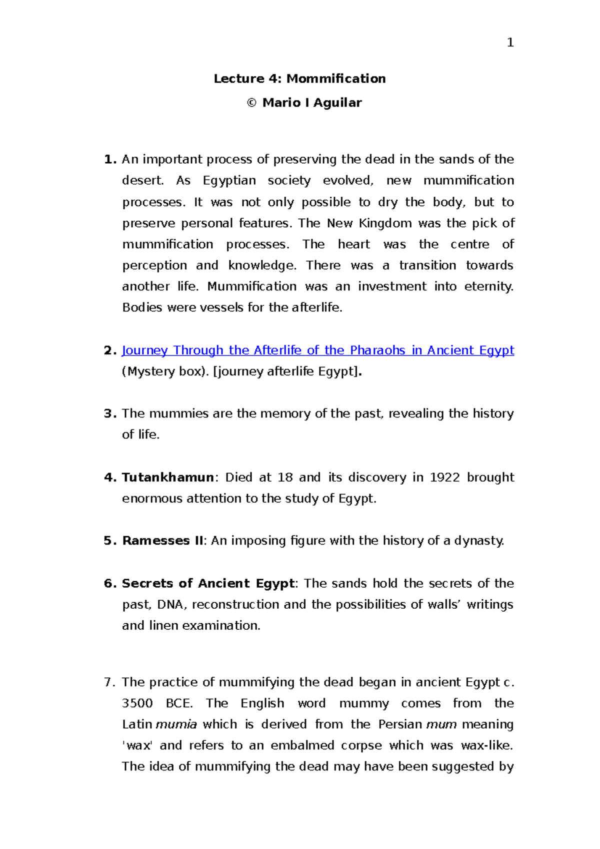 DI1009 Lecture 4: Mummification and Afterlife in Ancient Egypt - Studocu