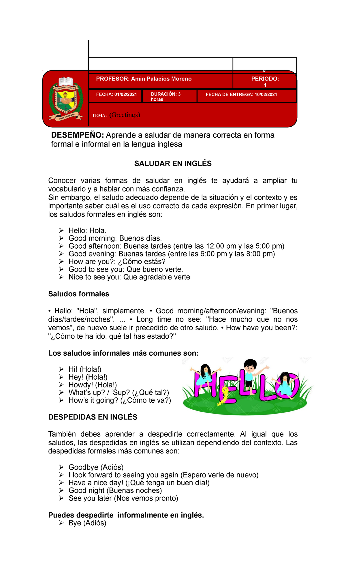 LOS Saludos Formales E Informales Grado Sexto Primera Entrega ...