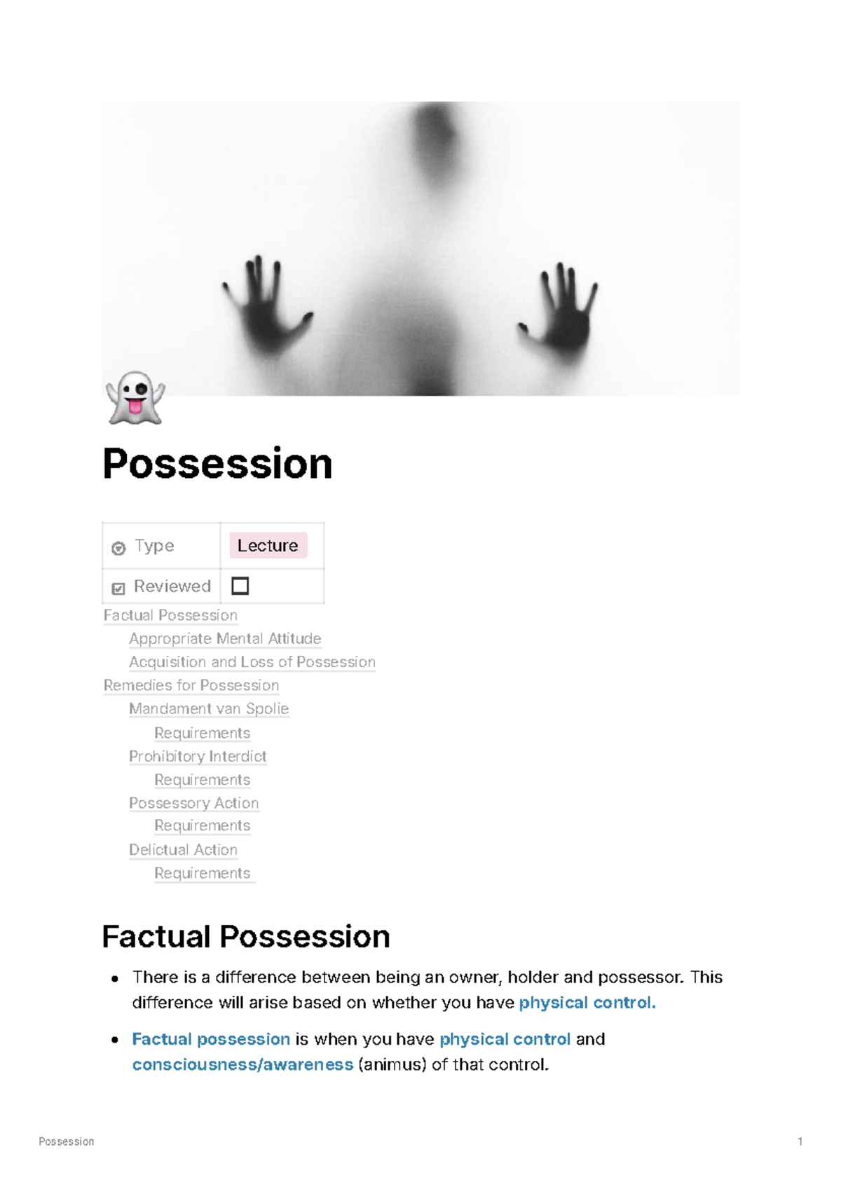 Possession Law Lecture Notes: Factual Possession & Remedies Overview ...