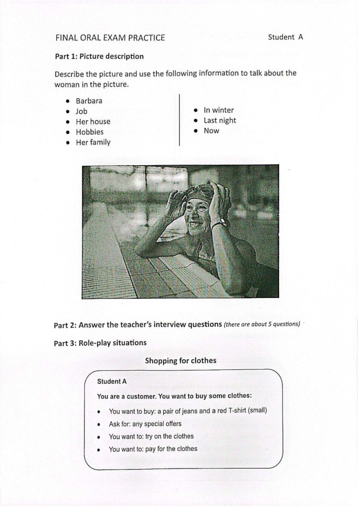 FINAL ORAL EXAM PRACTICE: Student A - Picture Description & Situations - Studocu