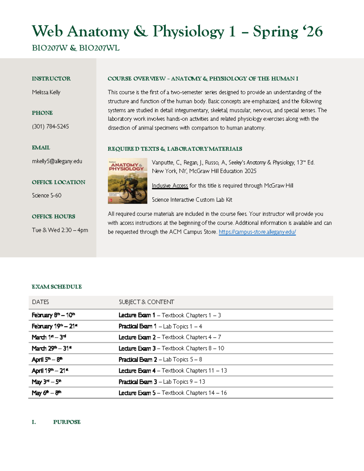 BIO207W Anatomy & Physiology I Syllabus - Spring 2026 Overview - Studocu