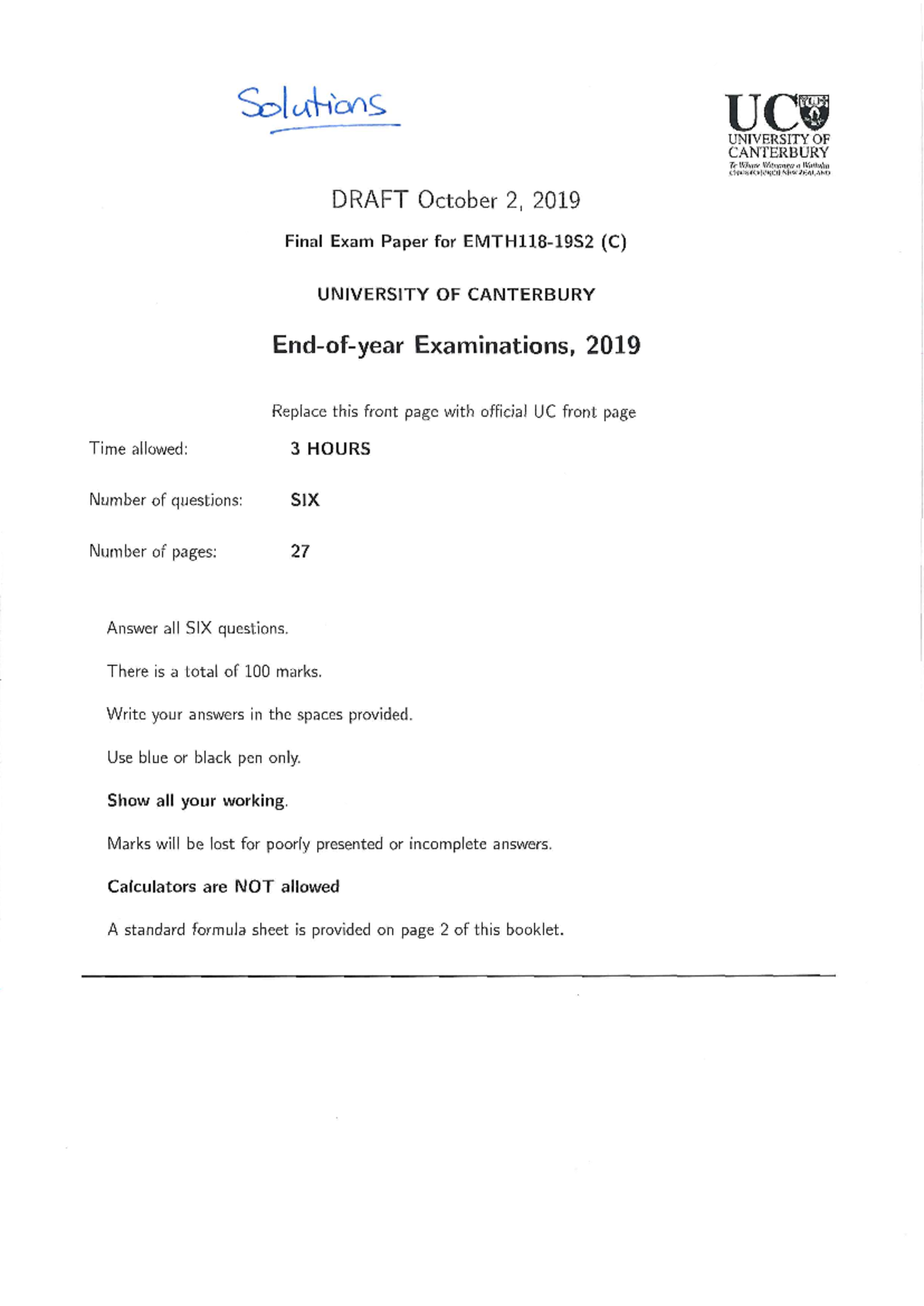 EMTH118-19S2 Final Exam Solutions and Answers for 2019 - Studocu