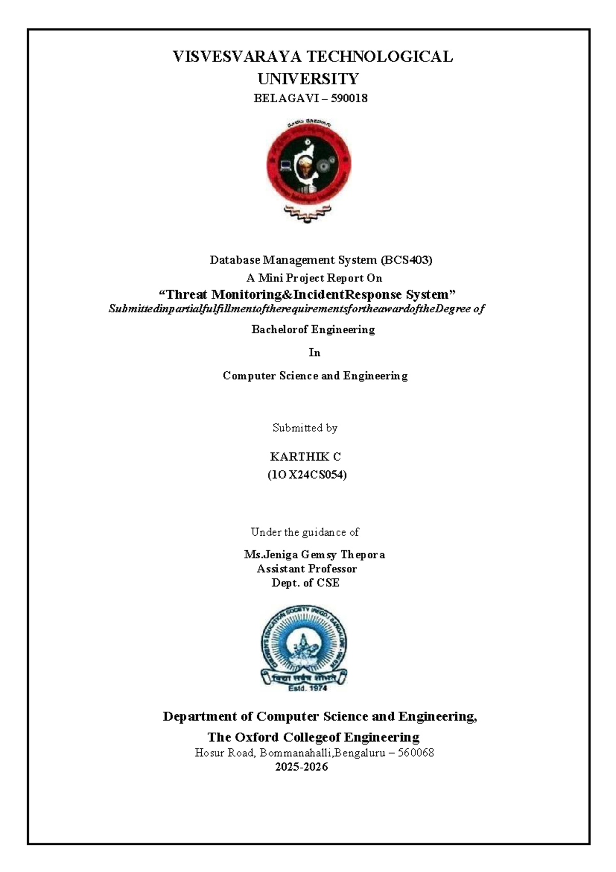 BCS403 Mini Project Report: AI-Based Threat Monitoring System - Studocu