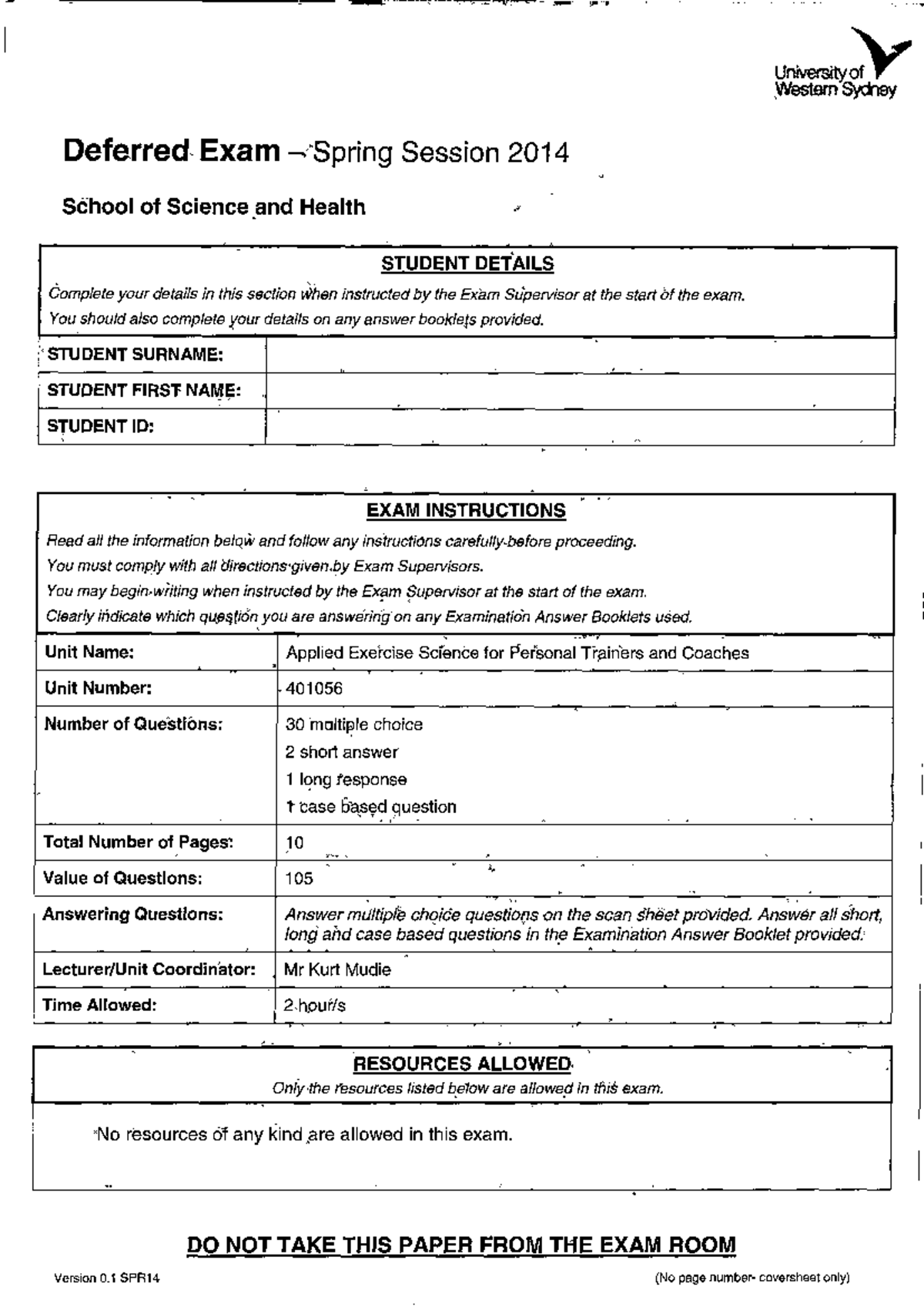 Sample/practice exam - Deferred-Exam ~"Spring Session 2014 ...