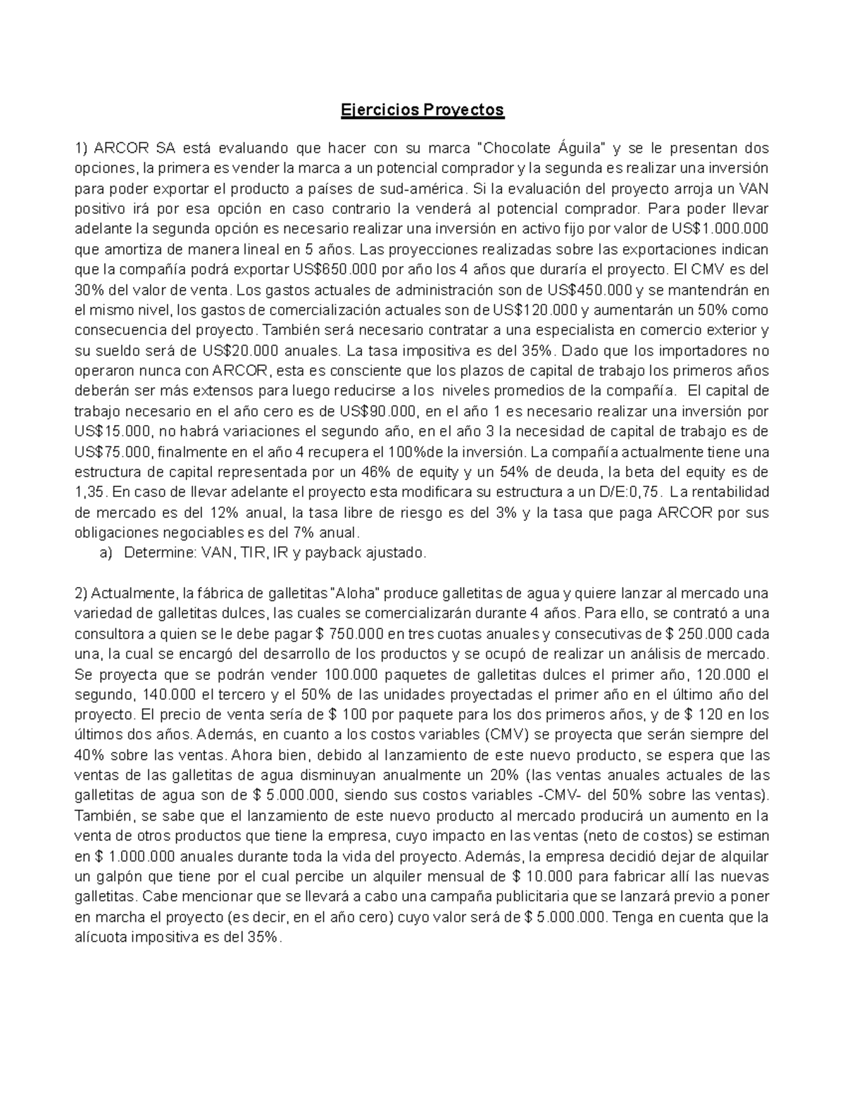 Ejercicios Proyectos: Análisis Financiero de ARCOR SA y Nuevos ...