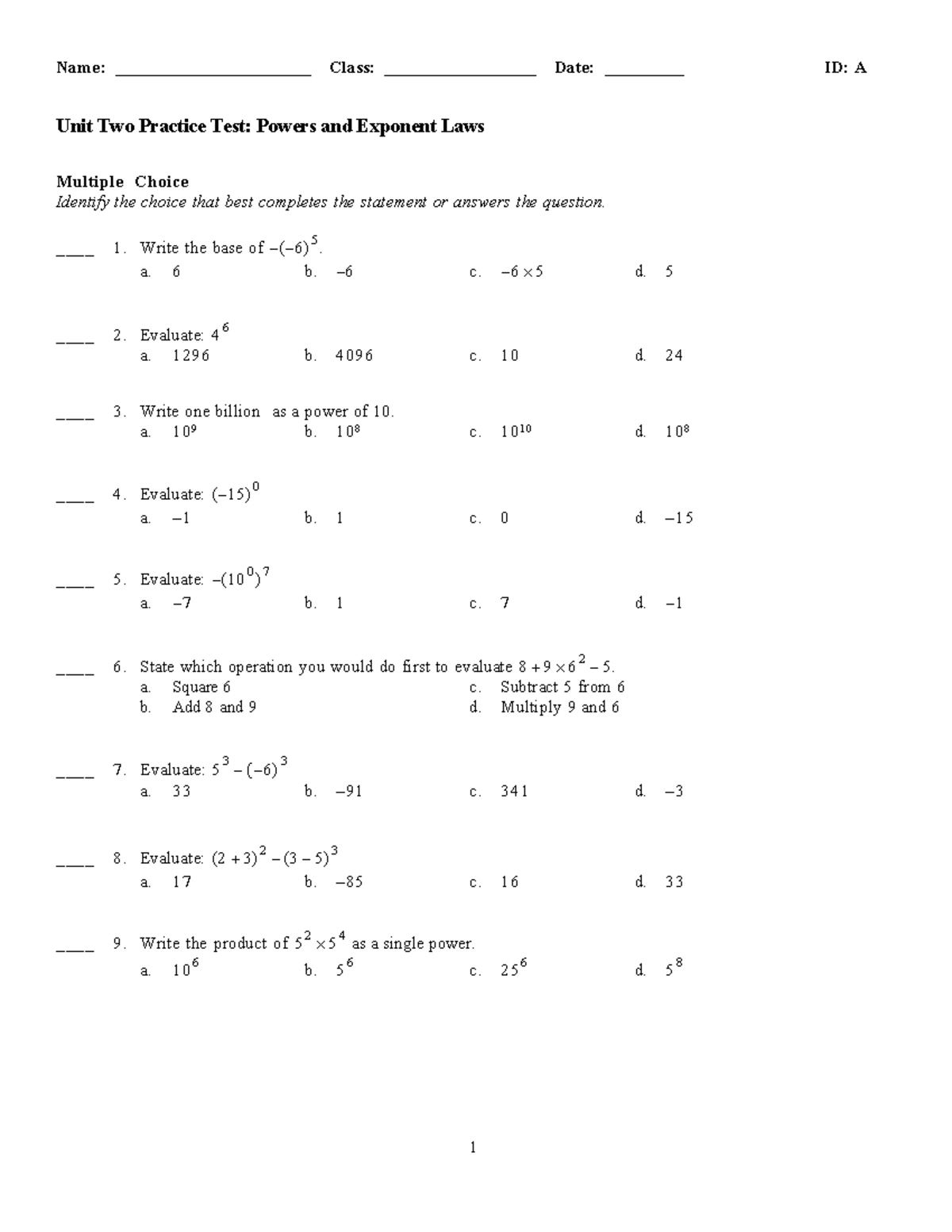 Math 9 Exponents Practice Test - Name: Class: Date: Unit Two Practice ...