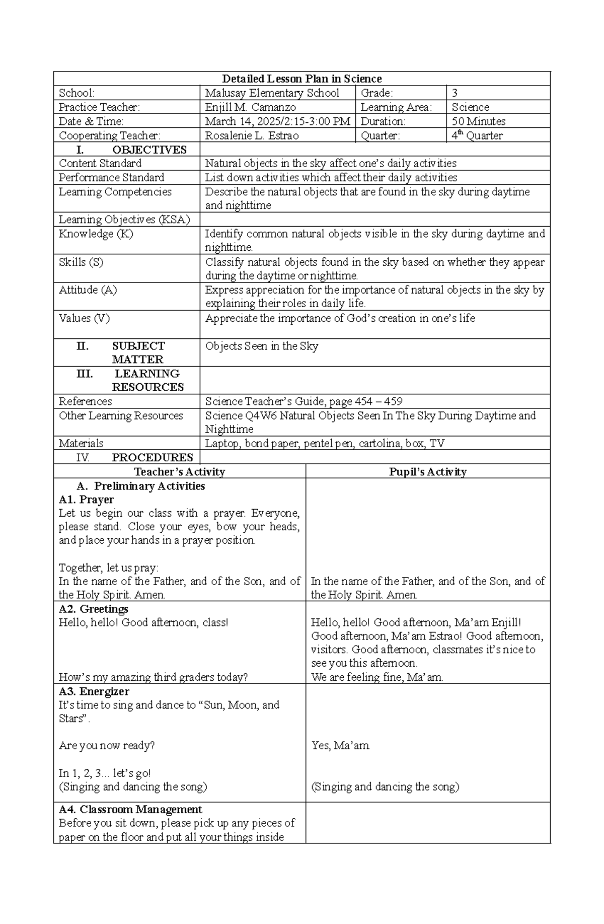 Final Lesson Plan: Natural Objects in the Sky (Science Q4) - Studocu