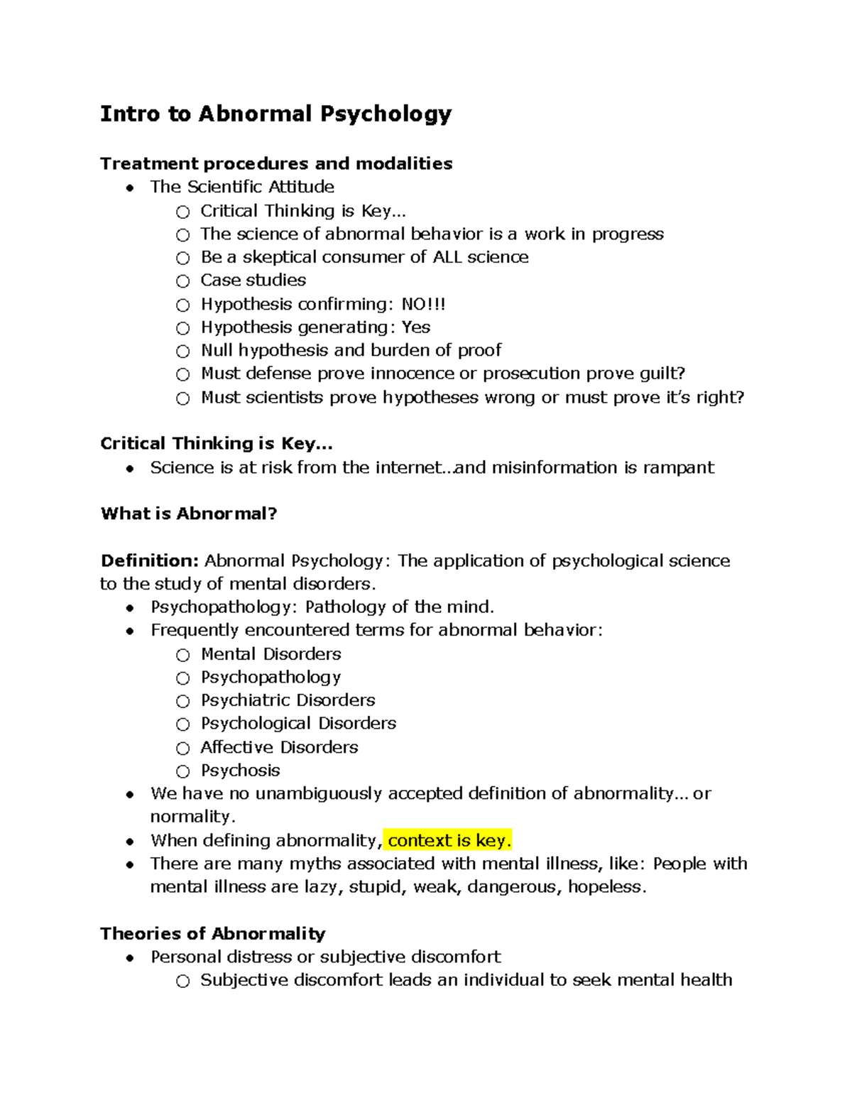 Intro to Abnormal Psychology Treatment and Modalities - Studocu