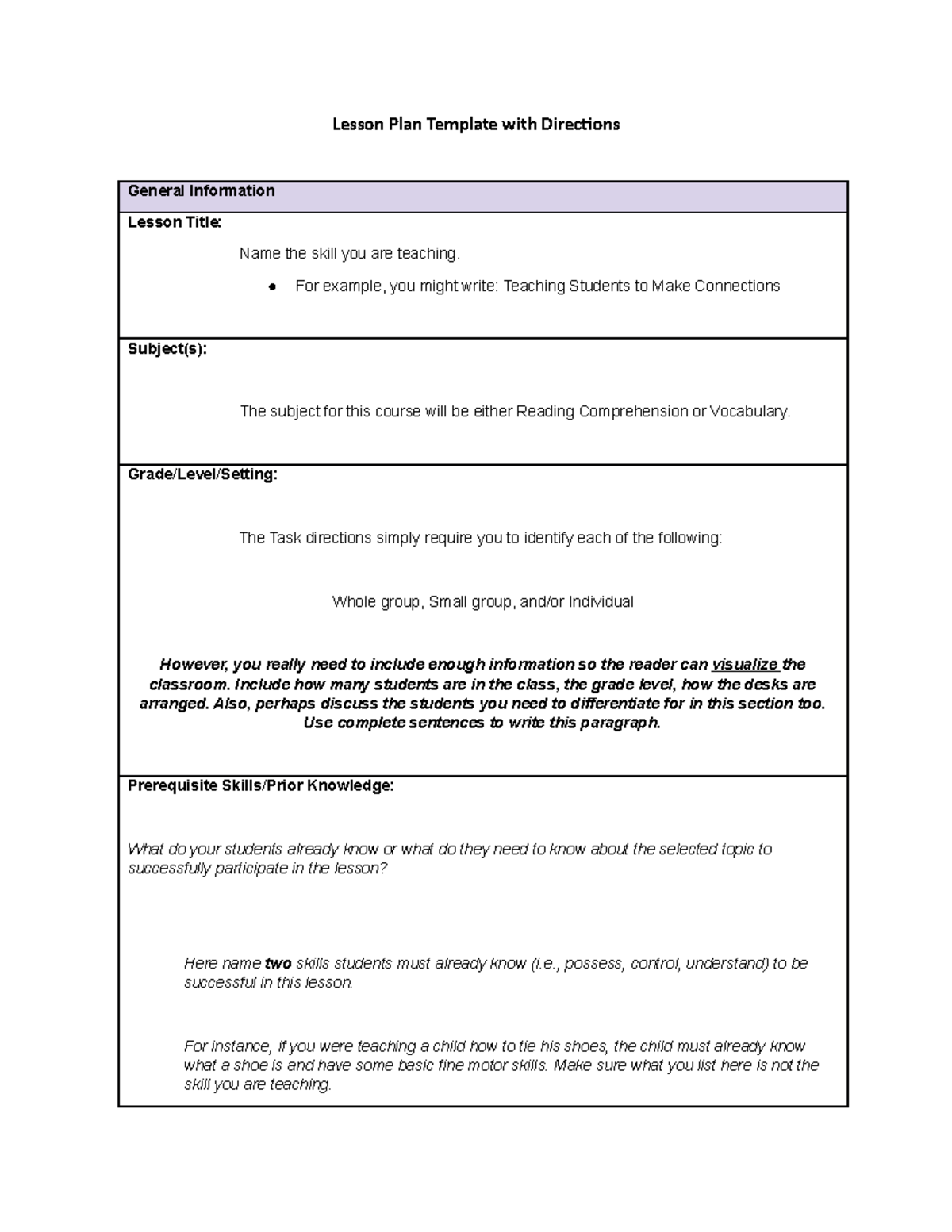 Lesson Plan Template with Directions for Skill Development - Studocu