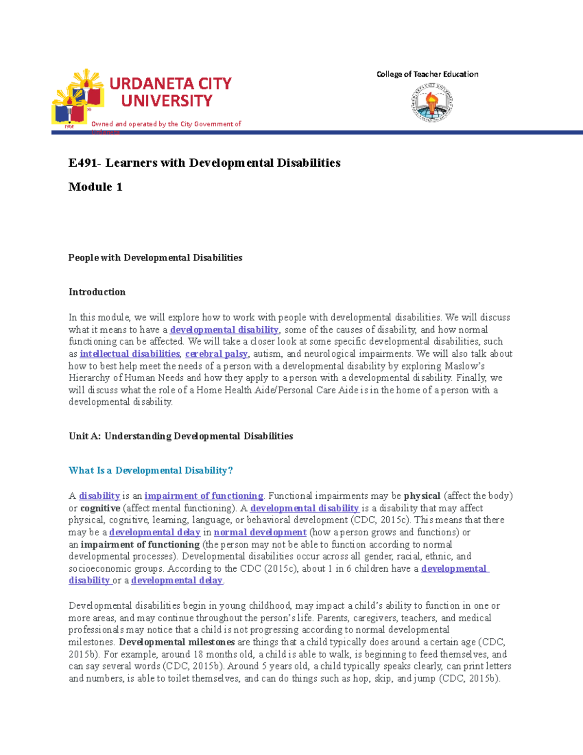 E491 Module 1: Understanding Learners with Developmental Disabilities - Studocu