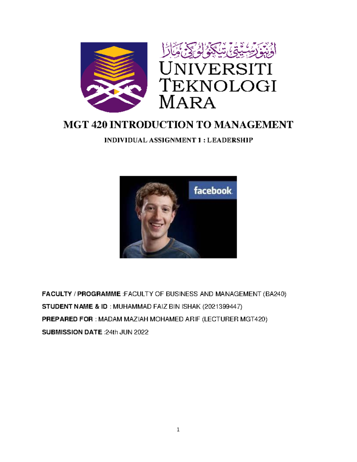 MGT 420 Individual Assignment: Leadership Analysis of Mark Zuckerberg ...