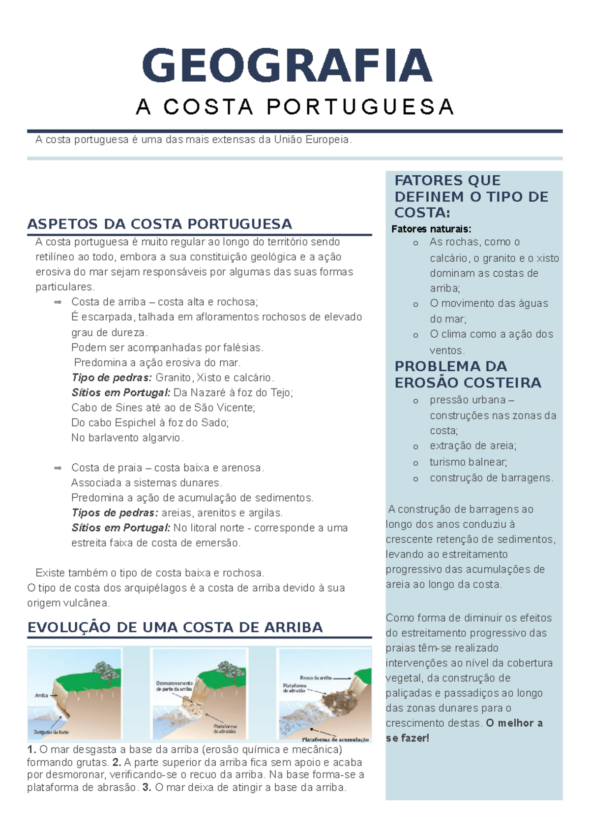 Resumo da Costa Portuguesa: Aspectos, Erosão e Evolução Geográfica ...
