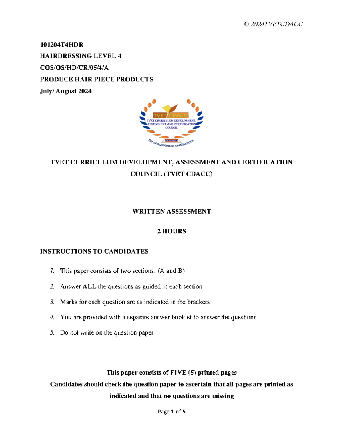 COS/OS/HD/CR/05/4/A: HAIR Piece Production Assessment Notes - Studocu