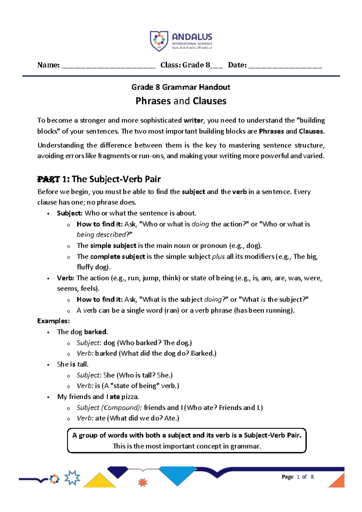 Grade 8 Grammar: Phrases & Clauses Handout - Studocu