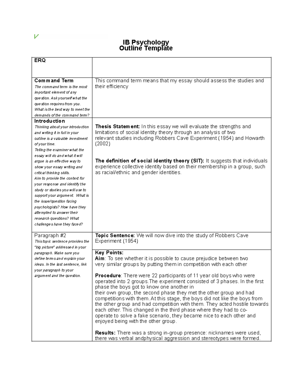 IB Psychology ERQ Outline Template - Social Identity Theory Analysis ...