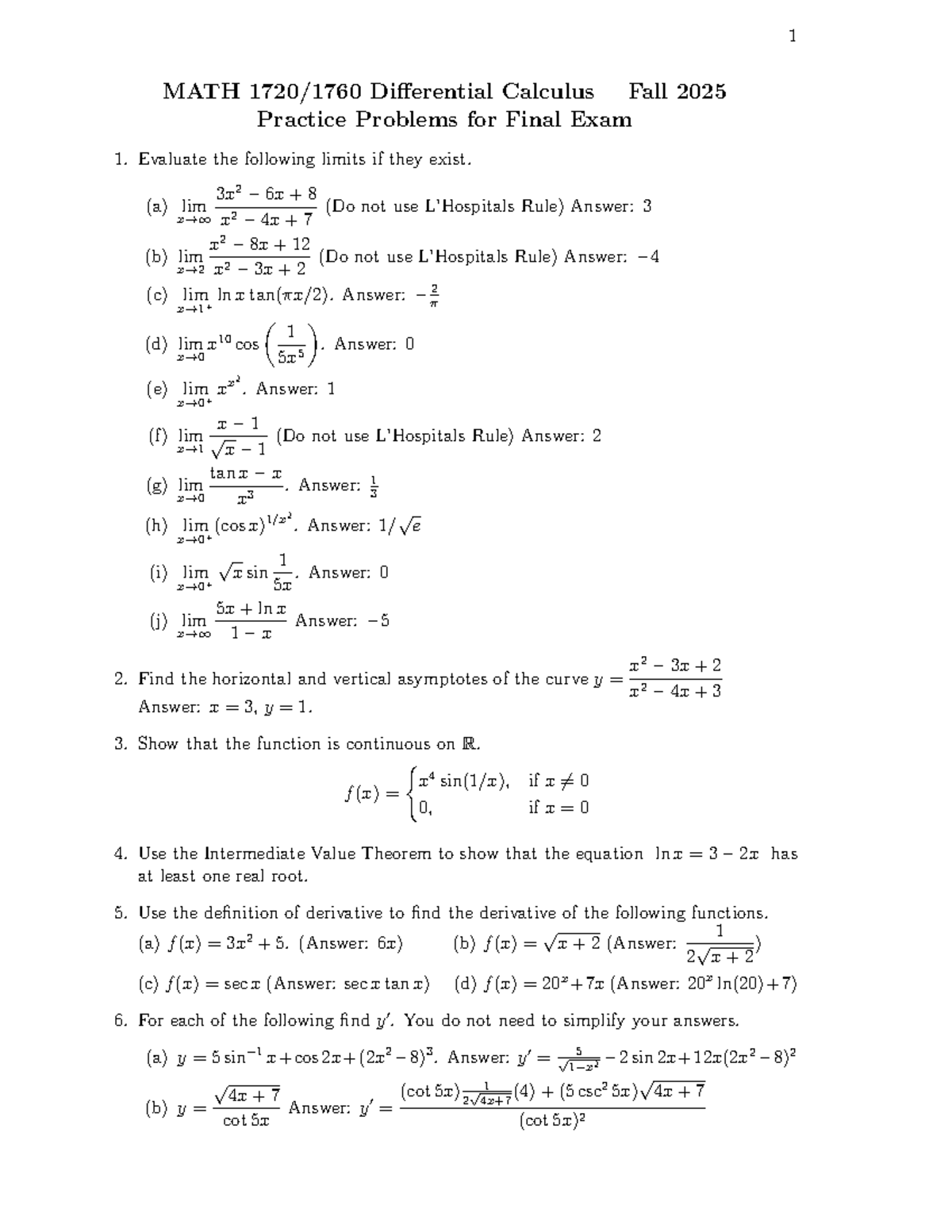MATH 1720 Differential Calculus Fall 2025 Final Exam Practice Problems ...