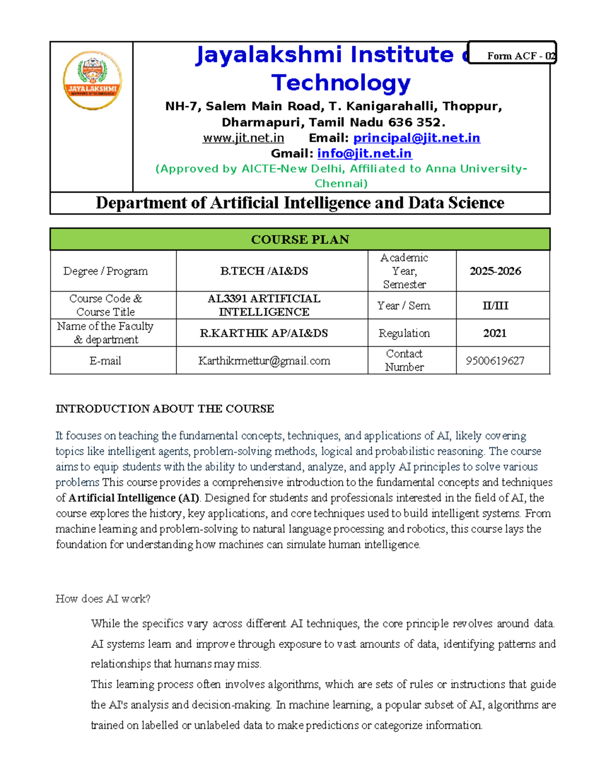 Course Plan for AL3391: Artificial Intelligence - B.Tech Program - Studocu