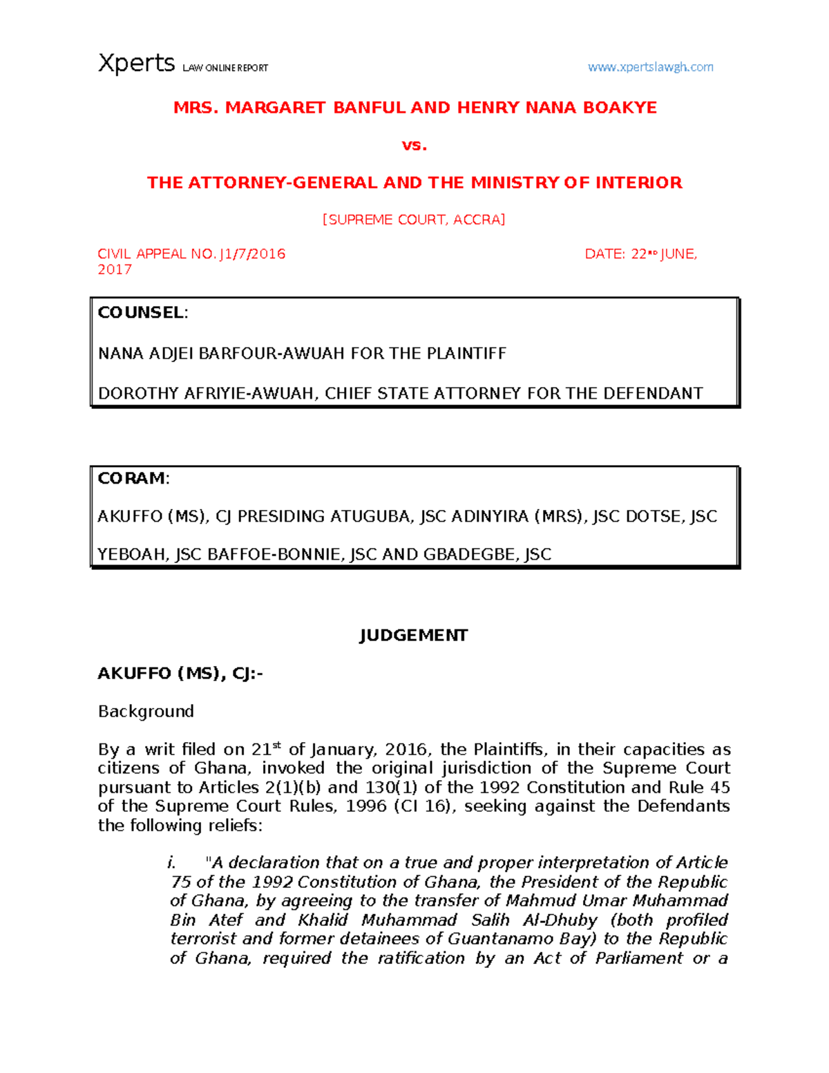 Civil Appeal J1/7/2016: Banful & Boakye vs Attorney-General & Ministry ...