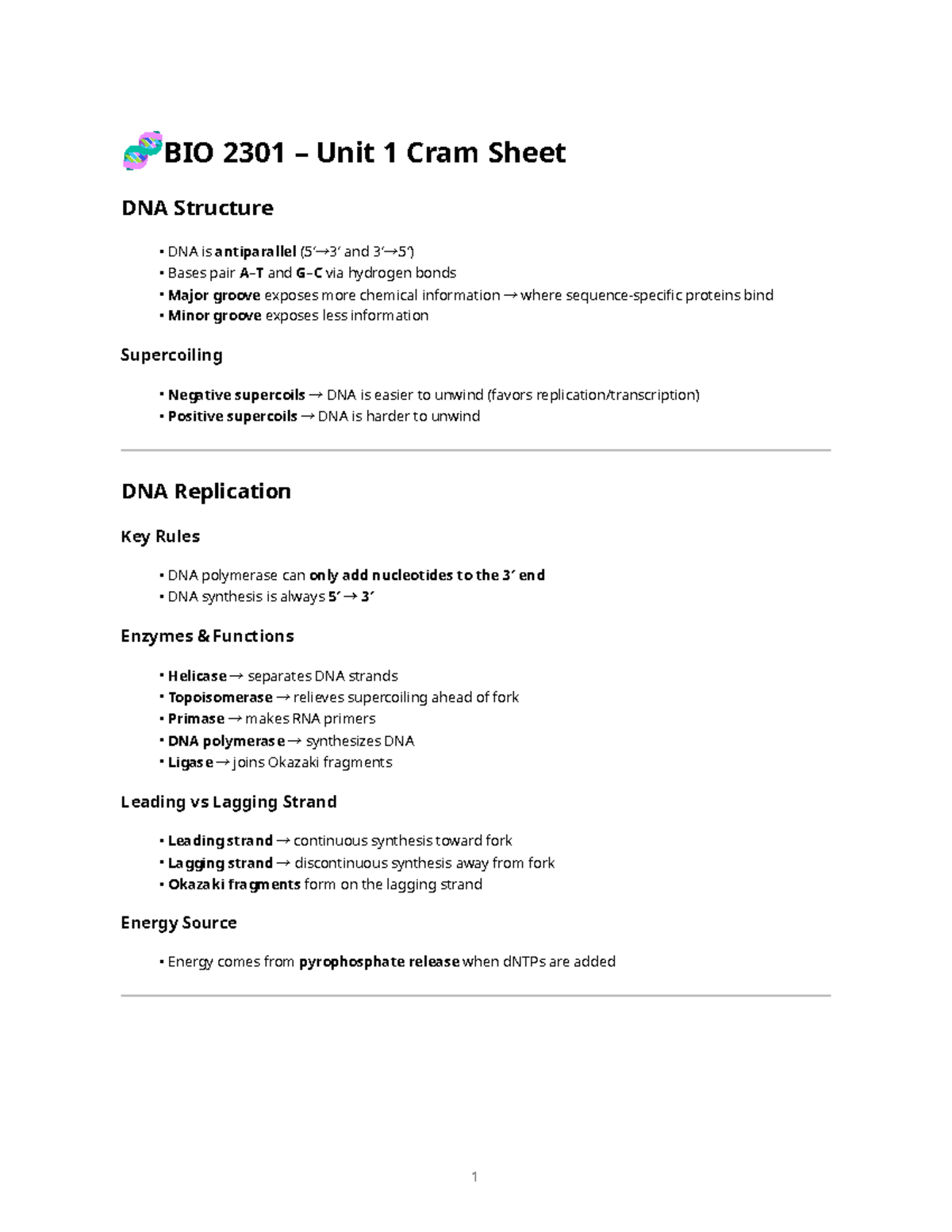 BIO 2301 Unit 1 Cram Sheet: DNA Structure & Replication Insights - Studocu