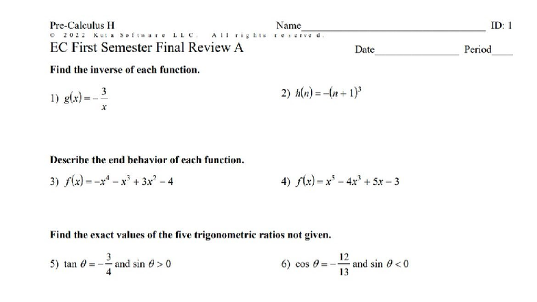 EC 1st Sem Final Review: Inverse Functions & Trig Identities - Studocu