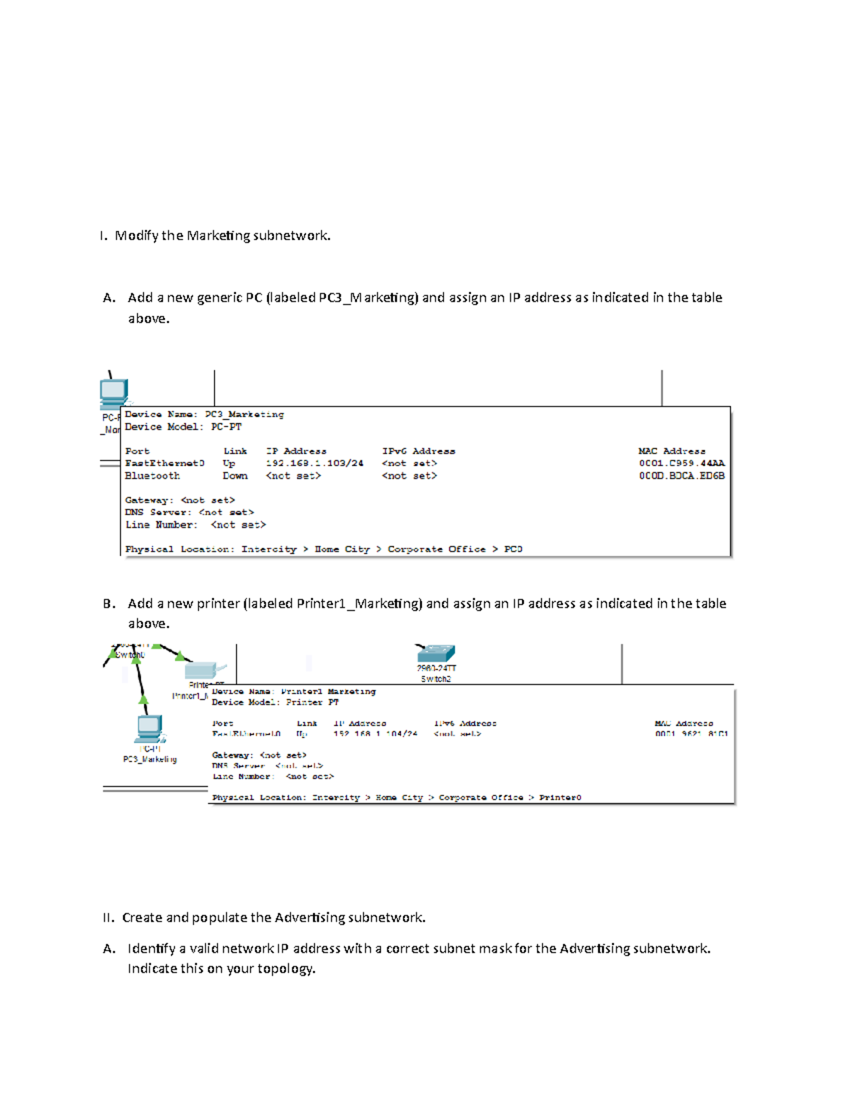 CYB 210 Module Two Packet Tracer Activity Emile Charbonnet - I. Modify the Marketing subnetwork ...