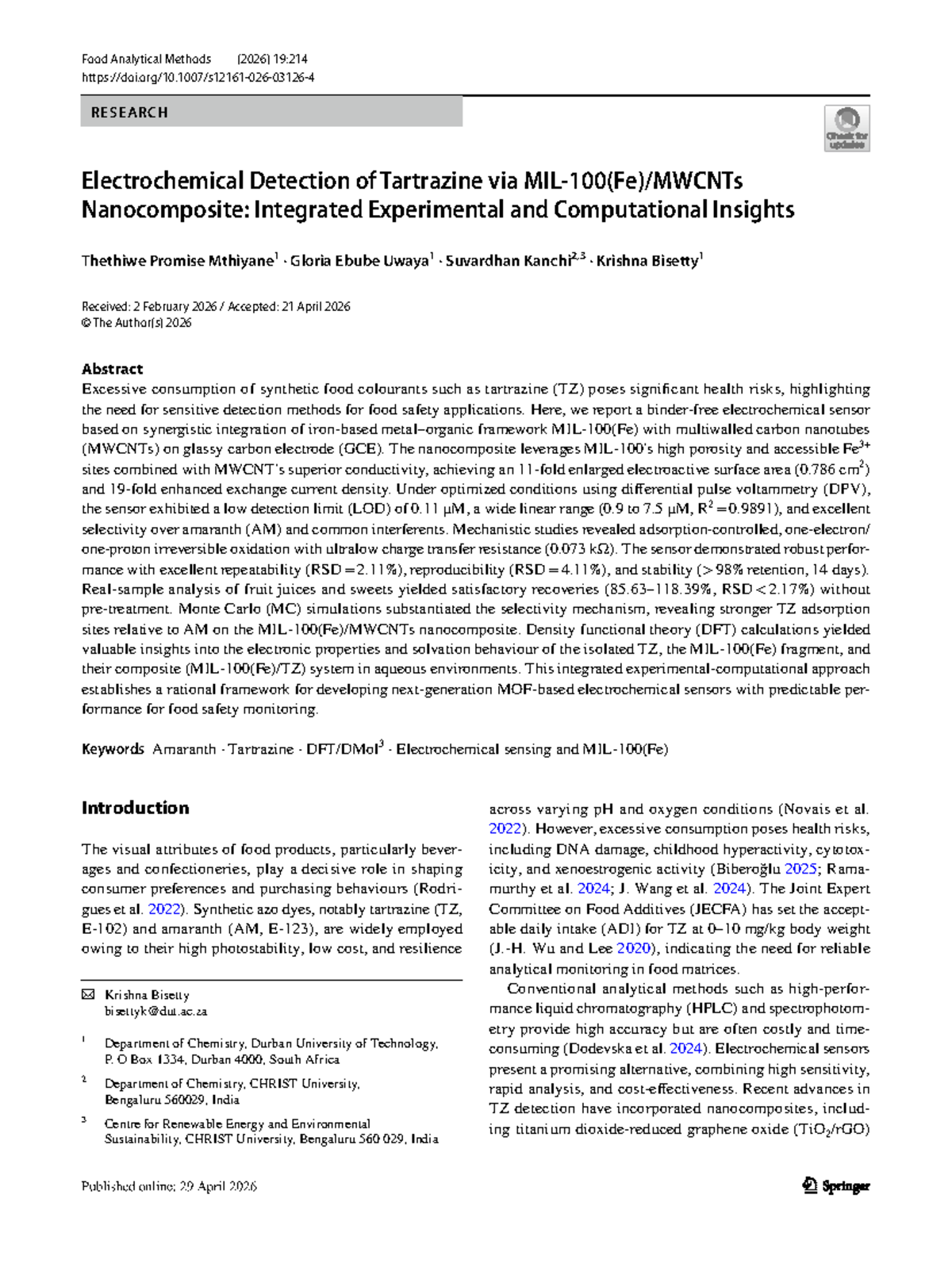 Electrochemical Detection of Tartrazine Using MWCNTs: Insights and ...