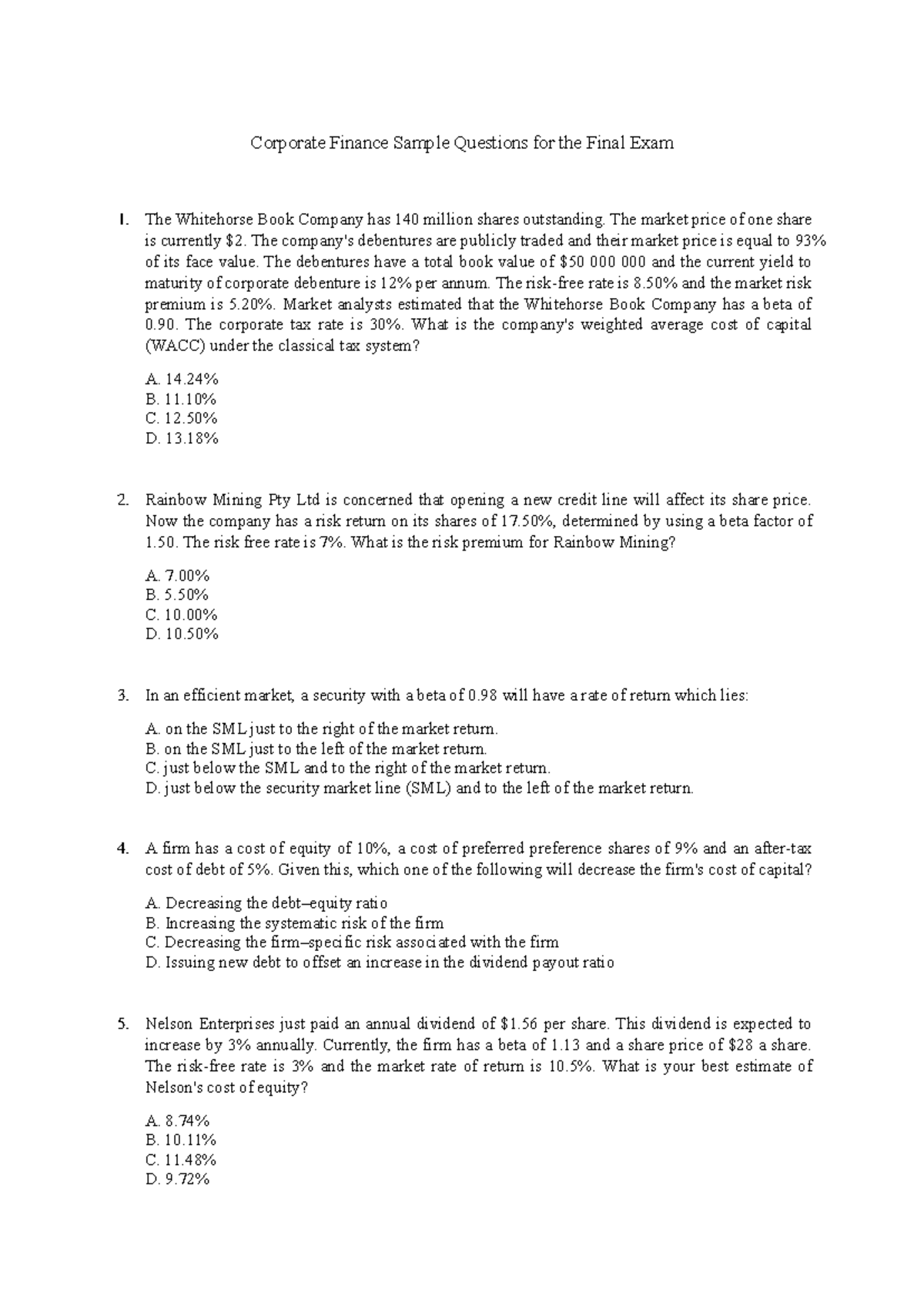 Corporate Finance Final Exam Sample Questions (CF101) - Studocu