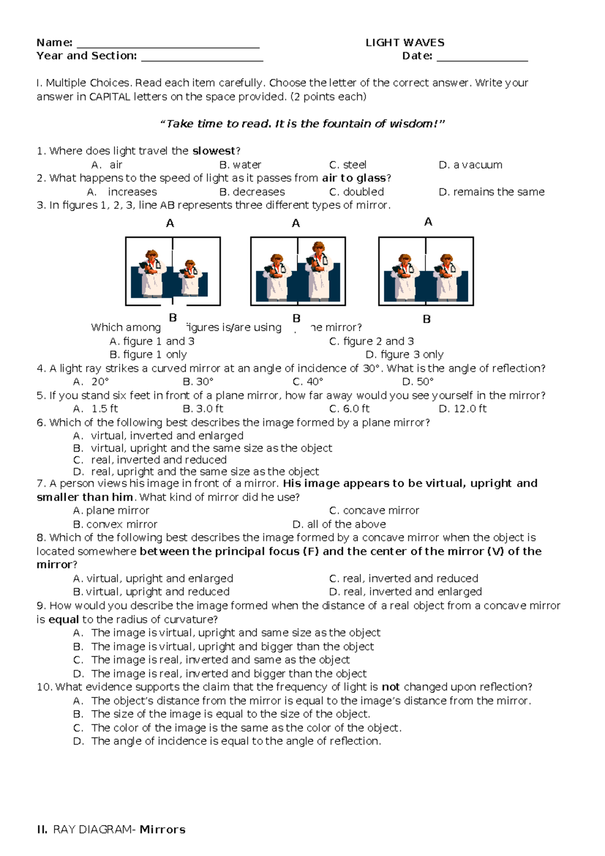 Science 10 - Chapter Examination on Mirrors (Final Exam) - Studocu