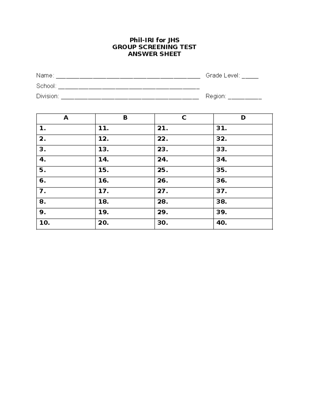 Phil-IRI-for-JHS GST Answer-Sheet - ELementary Education - Phil-IRI for ...