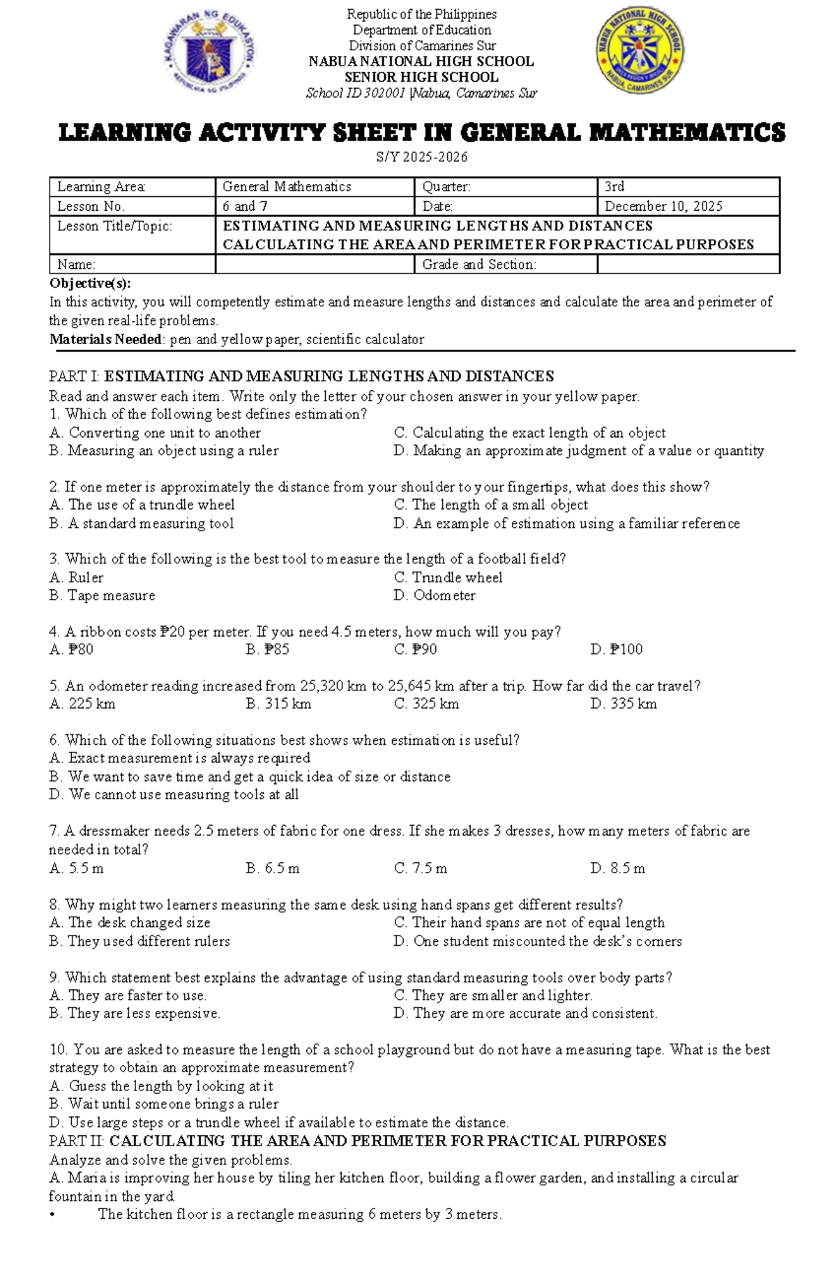 LAS GEN MATH: Estimating Lengths & Calculating Area/Perimeter - Studocu