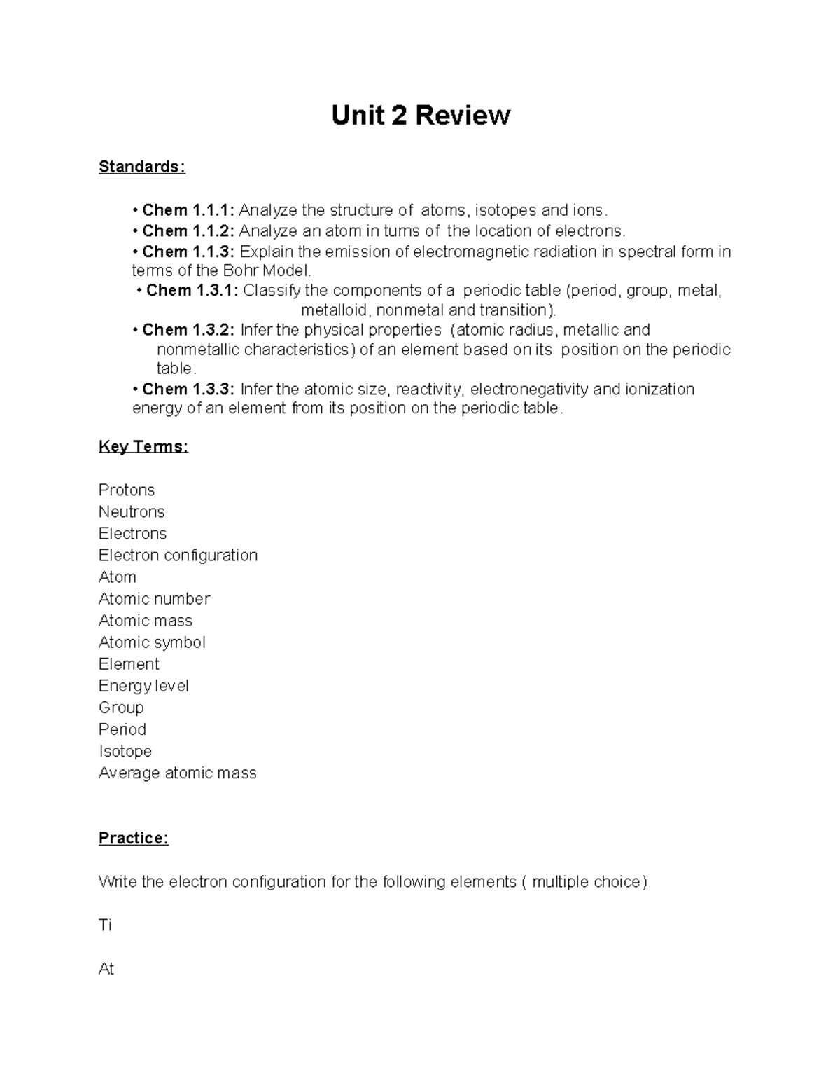 Periodic Table & Atoms Review: Chem 1.1 & 1.3 Standards - Studocu