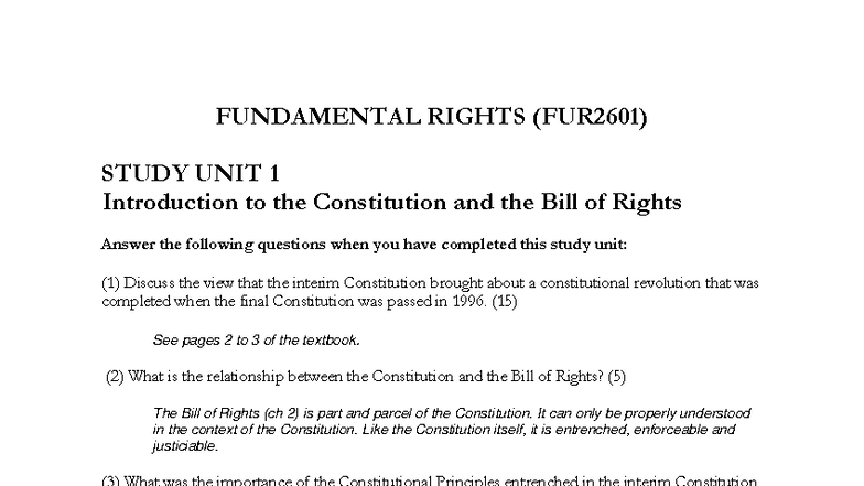 FUNDAMENTAL RIGHTS (FUR2601) STUDY UNIT 1: Constitution & Bill of ...