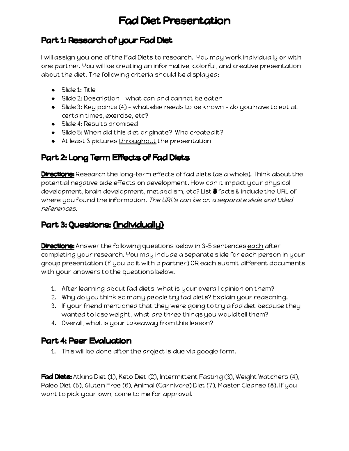 Fad Diets Research Presentation - Informative and Creative Guide - Studocu