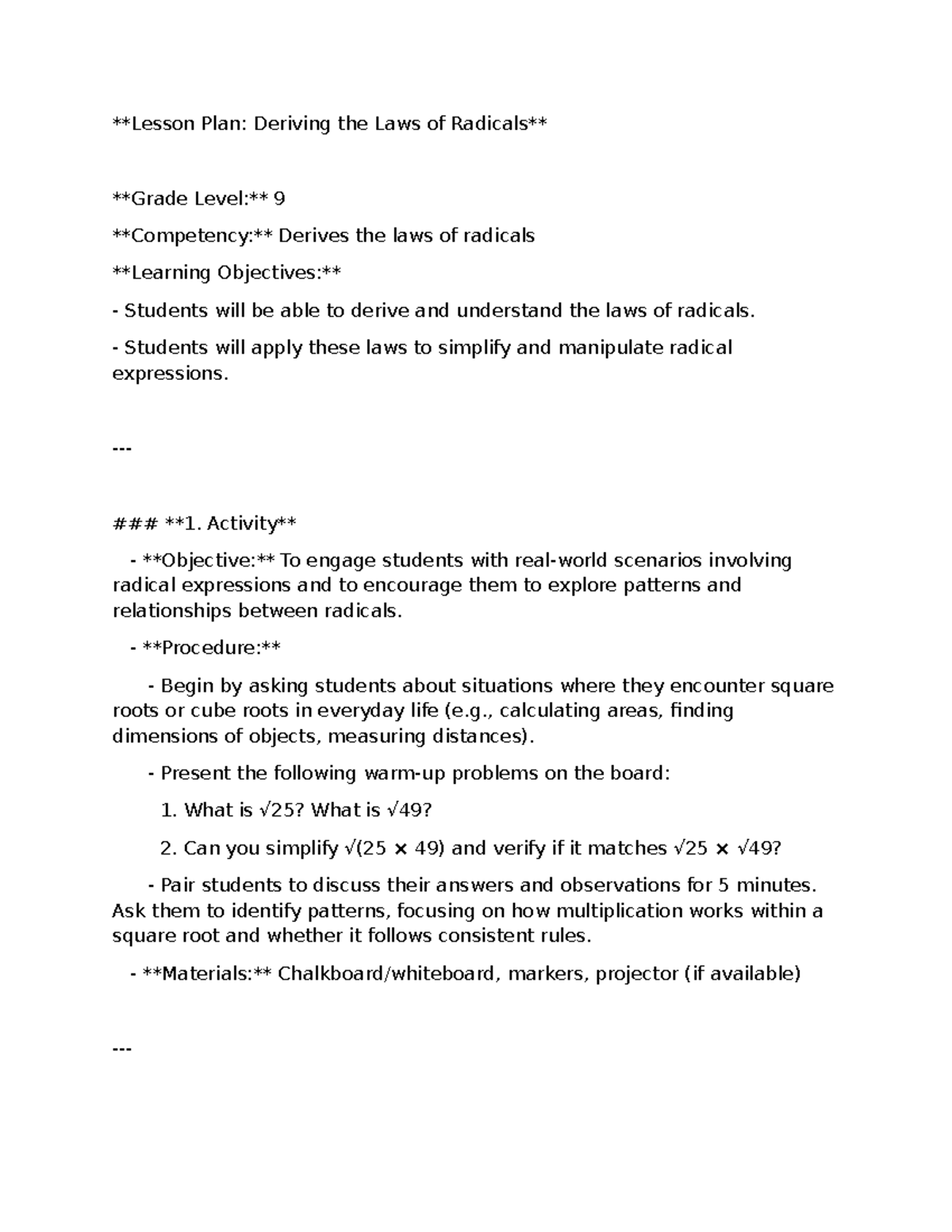DLP G9 MATH W5 - Lesson Plan on Deriving and Applying Laws of Radicals ...