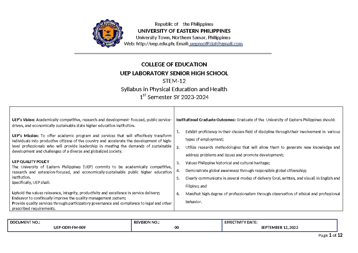 Syllabus for PE-12: Physical Education and Health 1st Semester - Studocu