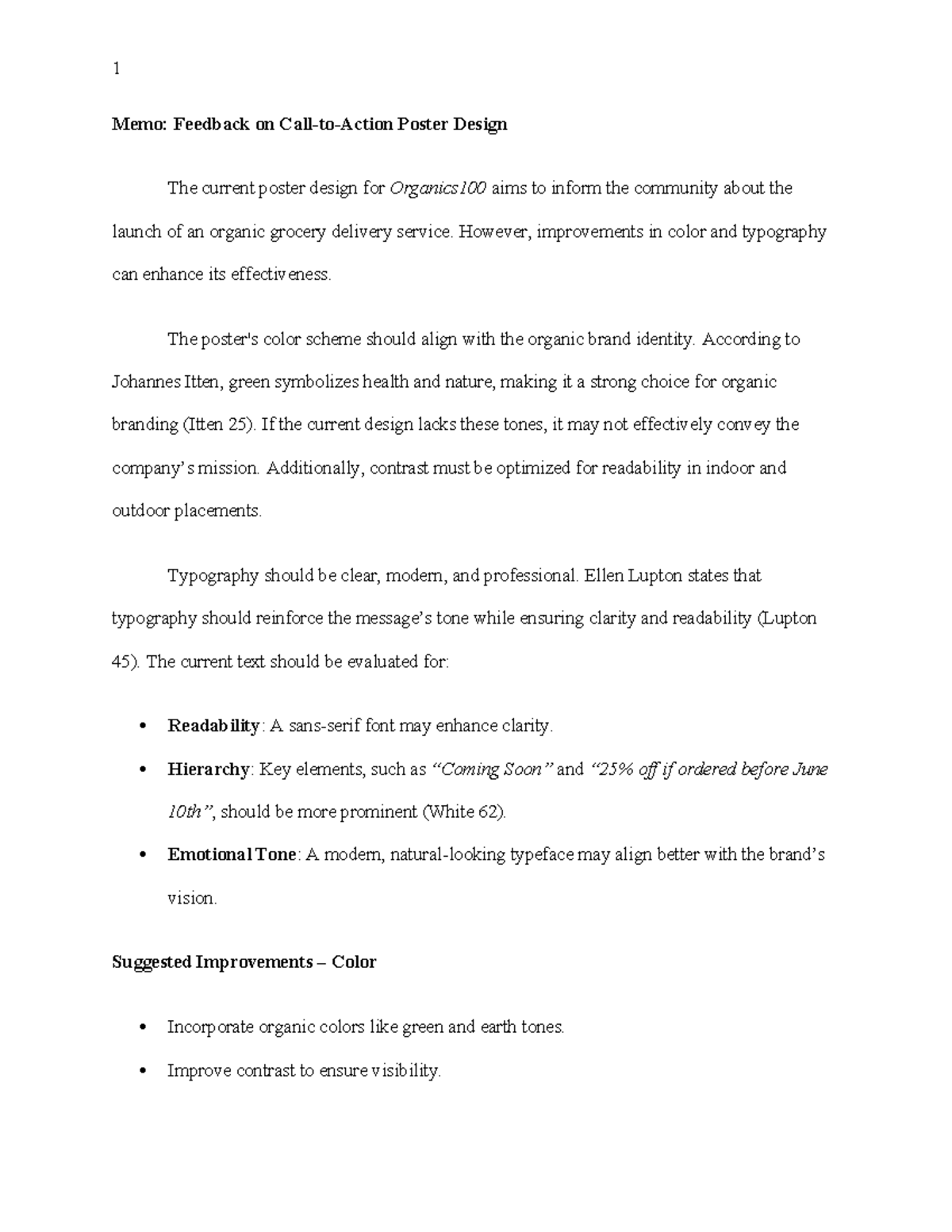 GRA 205 MOD 5 Memo - 1 Memo: Feedback on Call-to-Action Poster Design ...