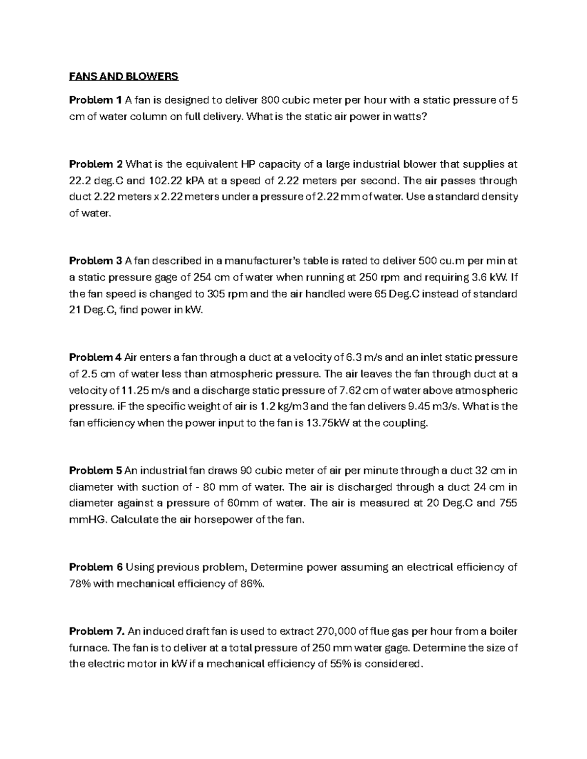 FANS & BLOWERS: Problem Set and Solutions for Engineering Analysis ...