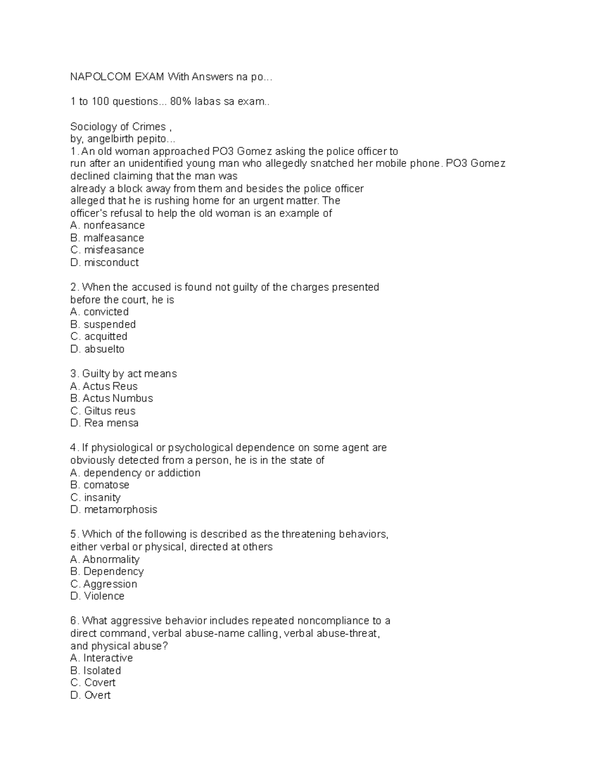 NAPOLCOM Exam Answers: Key Understanding of Crime Sociology - Studocu