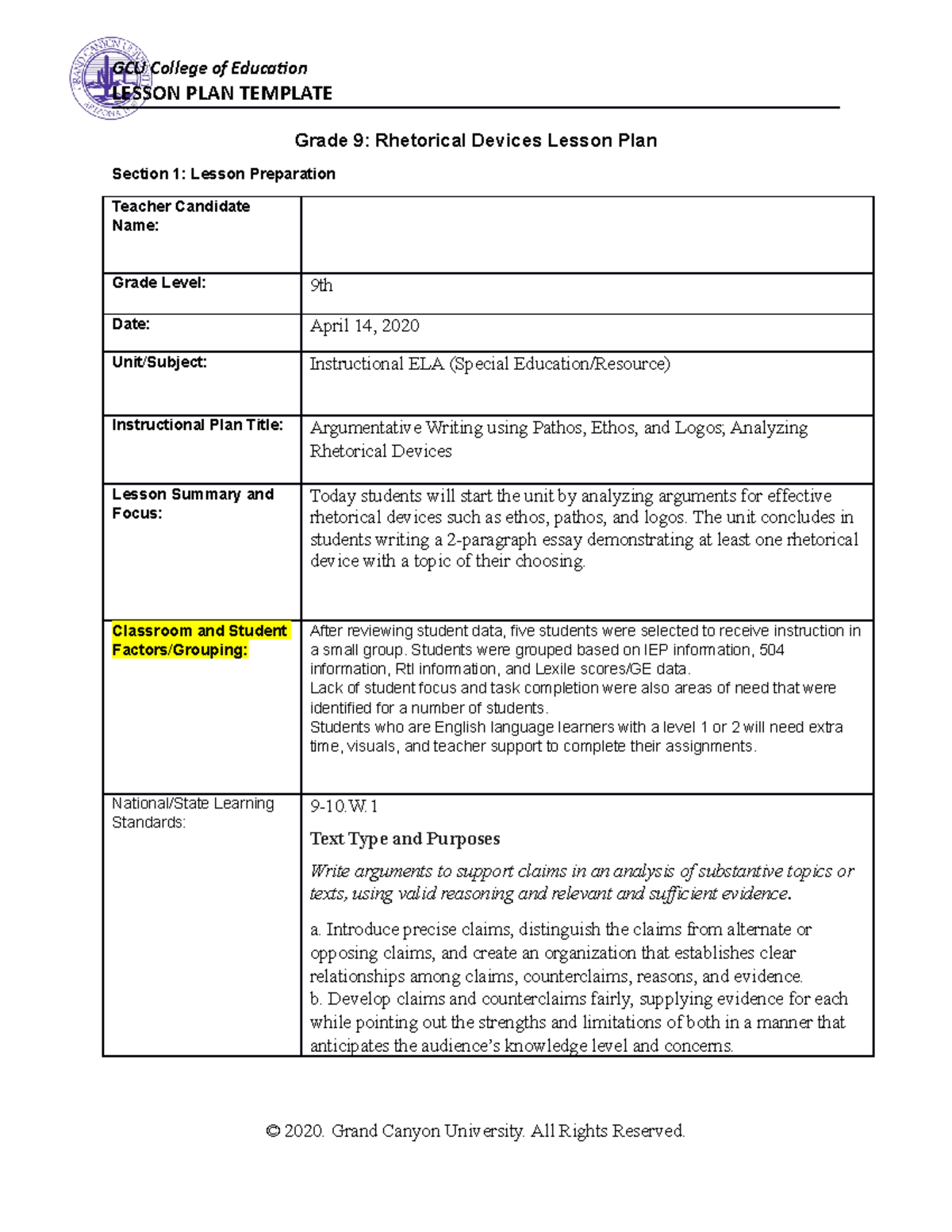 Grade 9 Rhetorical Devices Lesson Plan - LESSON PLAN TEMPLATE Grade 9 ...