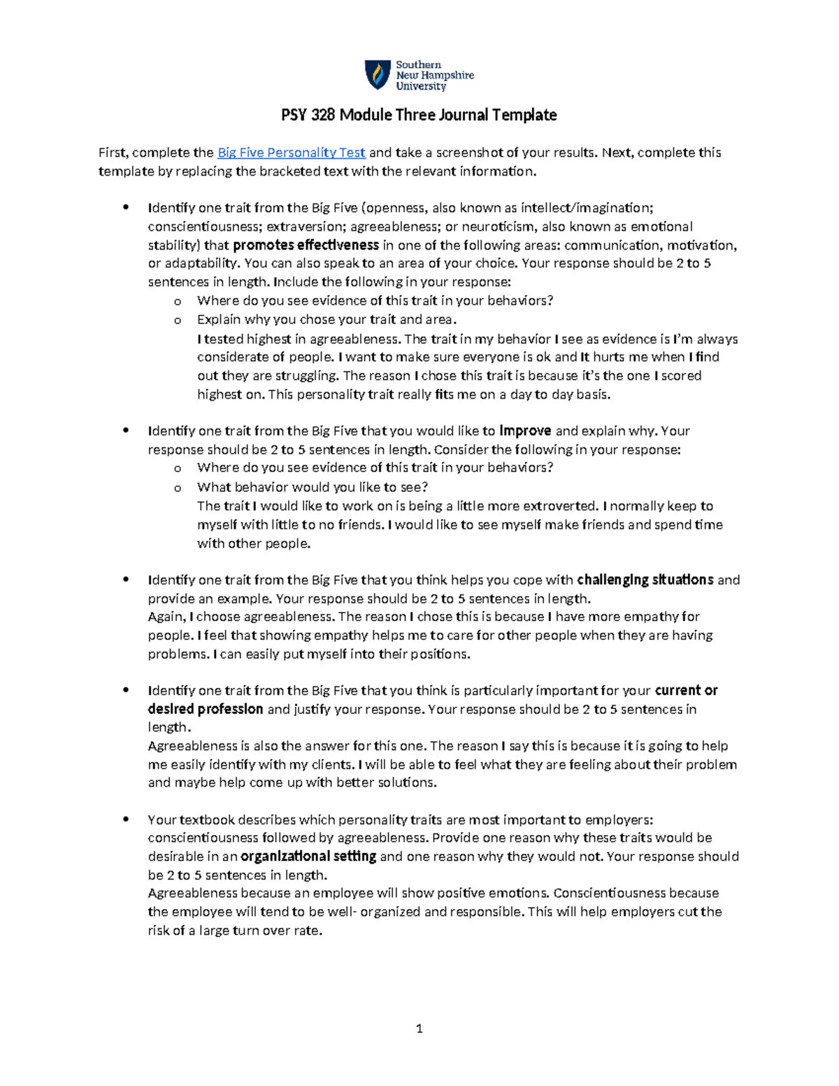 PSY 328 Big Five Personality Test Reflection Journal Template - Studocu