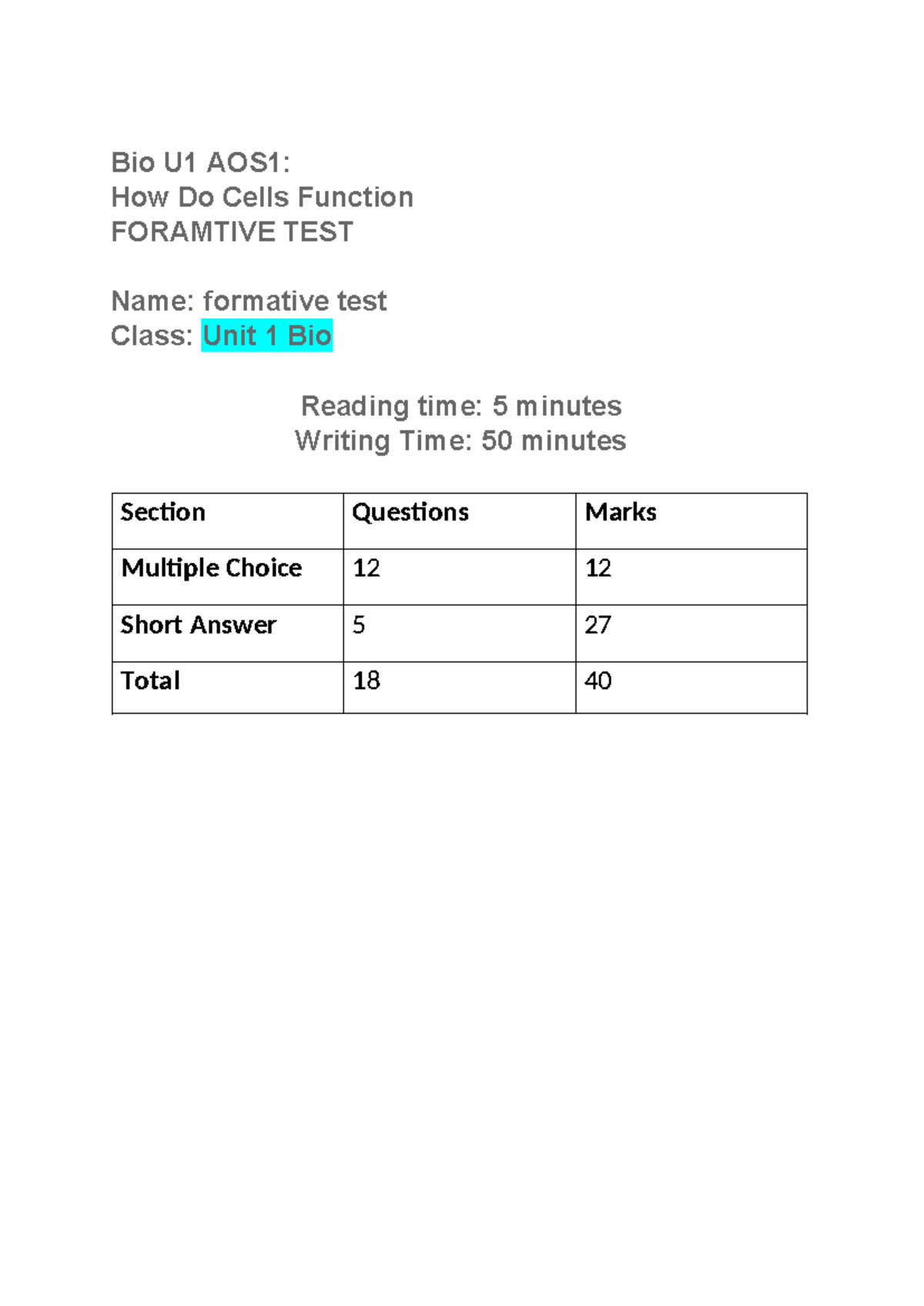 Bio U1 AOS1: Cells Function Formative Test Guide - Studocu