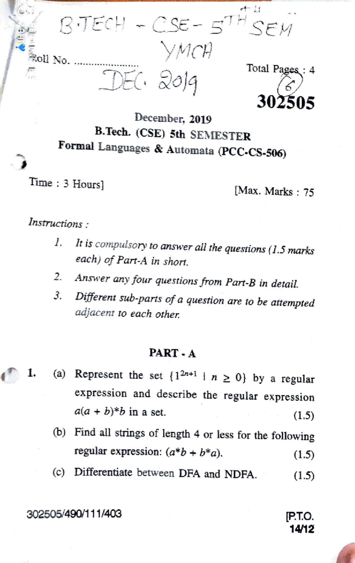 B.Tech (CSE) 5th Sem Previous Year Questions (PYQ) - Studocu
