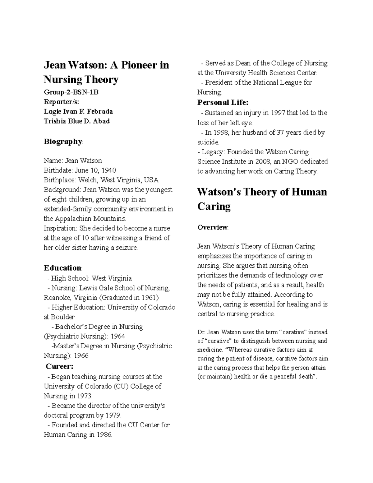 JEAN Watson - Jean Watson: A Pioneer in Nursing Theory Group-2-BSN-1B ...