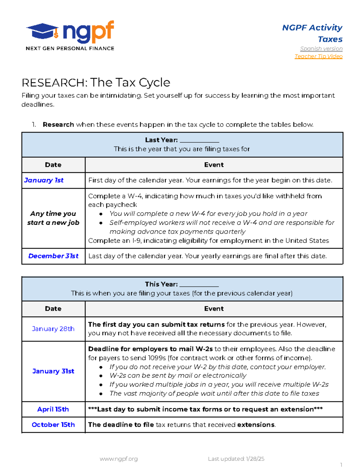 NGPF Research: Understanding The Tax Cycle and Key Deadlines - Studocu