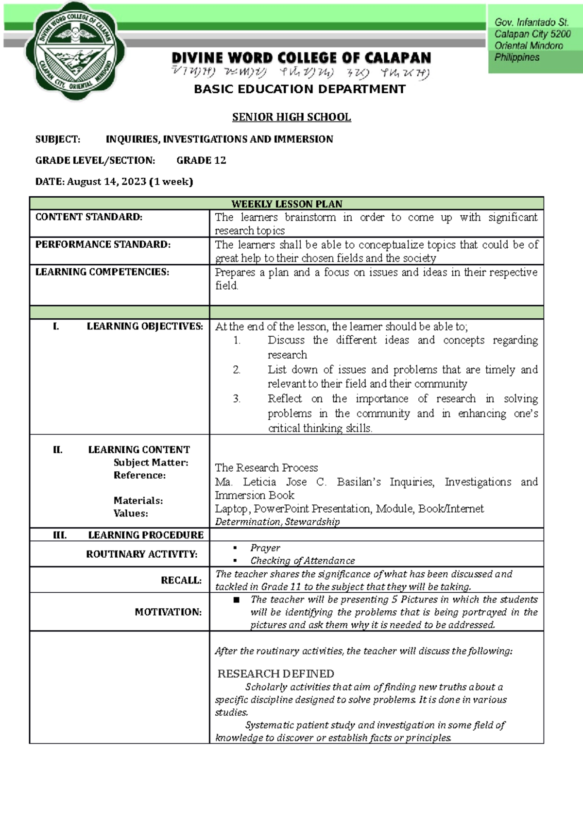 Grade 12 Weekly Lesson Plan: Inquiries, Investigations & Immersion 3IS ...