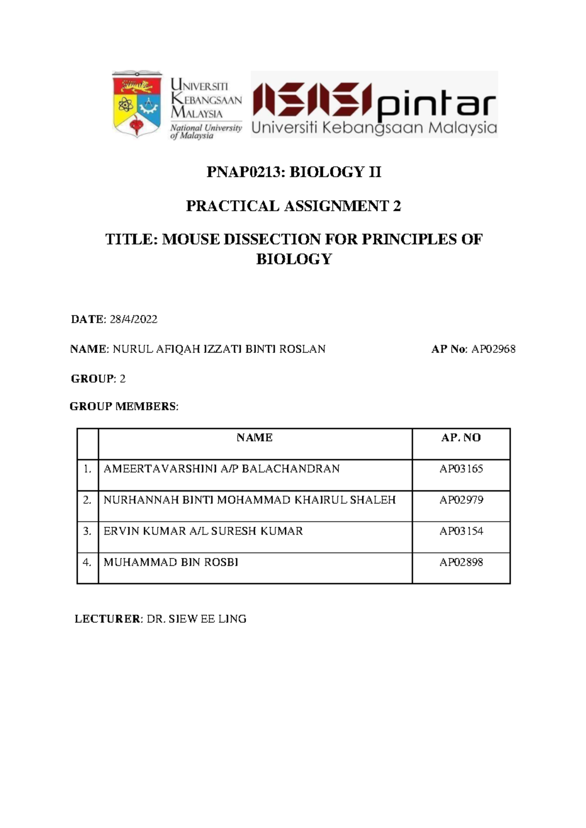 Lab Report - PNAP0213: Mouse Dissection in Biology II Practical - Studocu