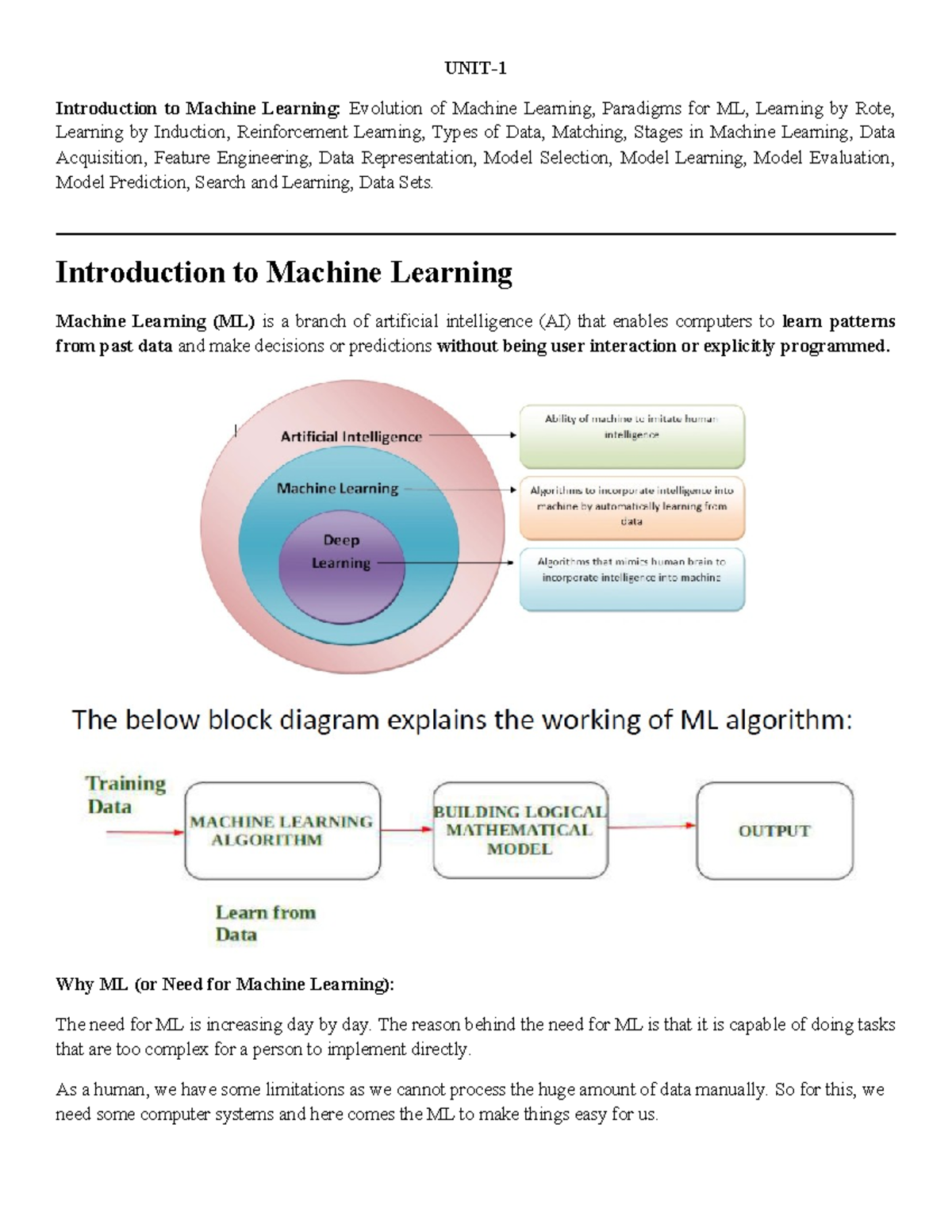 UNIT-1: Comprehensive Overview of Machine Learning Concepts and Evolution - Studocu
