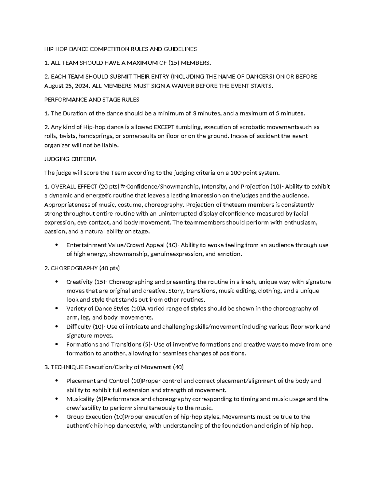 HIP HOP Dance Competition Rules AND Guidelines - HIP HOP DANCE ...