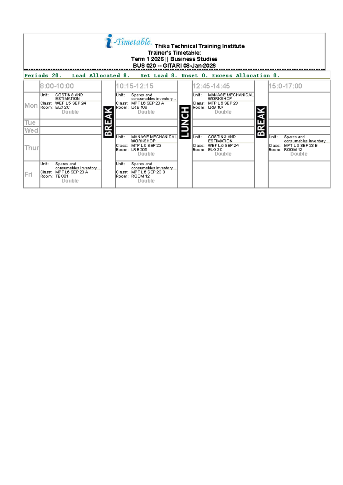 Thika Technical Training Institute Term 1 2026 Timetable - BUS 020 ...